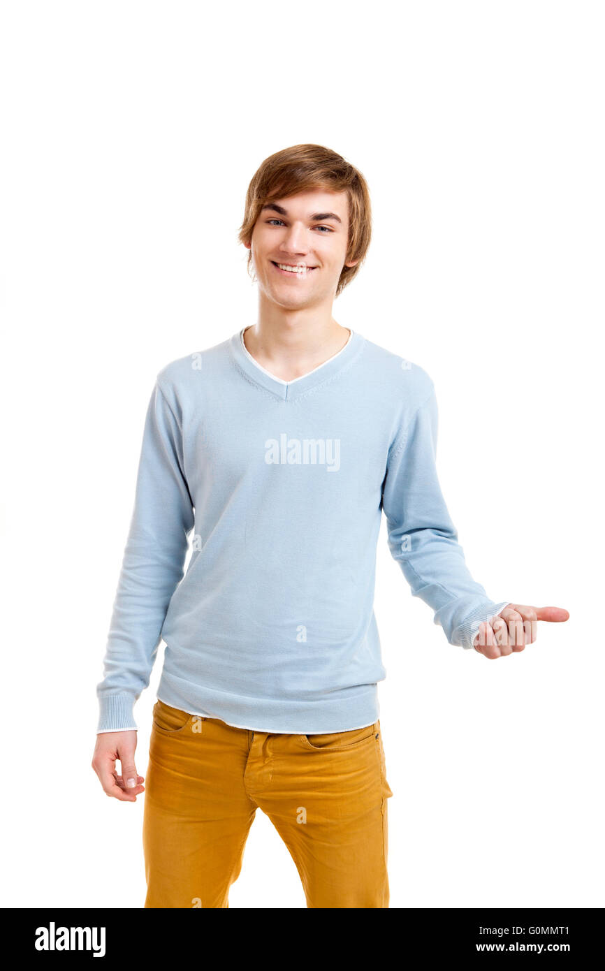 Happy and friendly young man isolated over a white background Stock ...