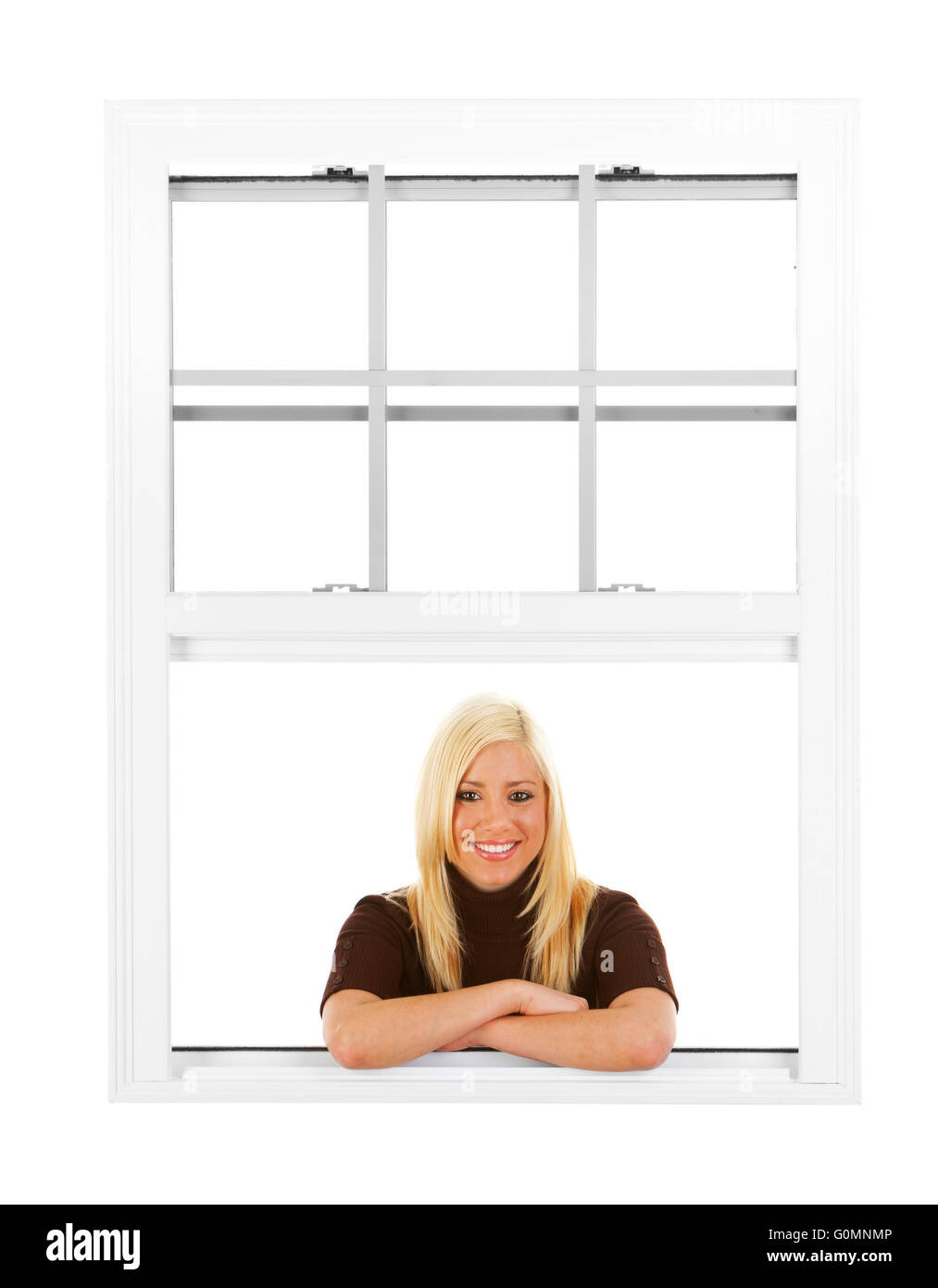 Pretty woman, looking out of a window, doing various poses Stock Photo ...