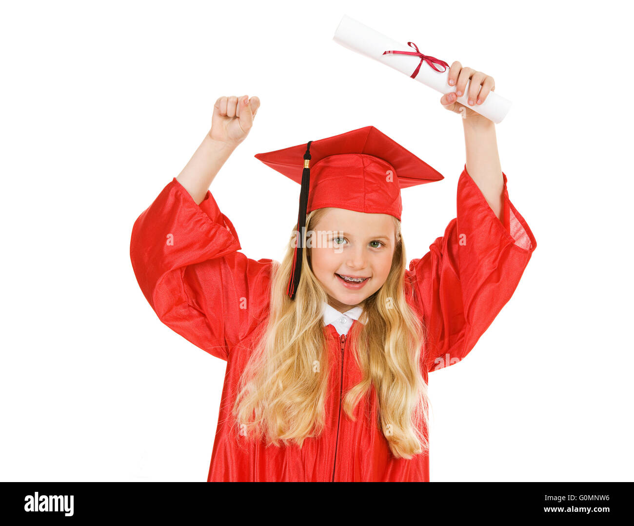 Series with an elementary aged Caucasian girl, dressed as a graduate ...
