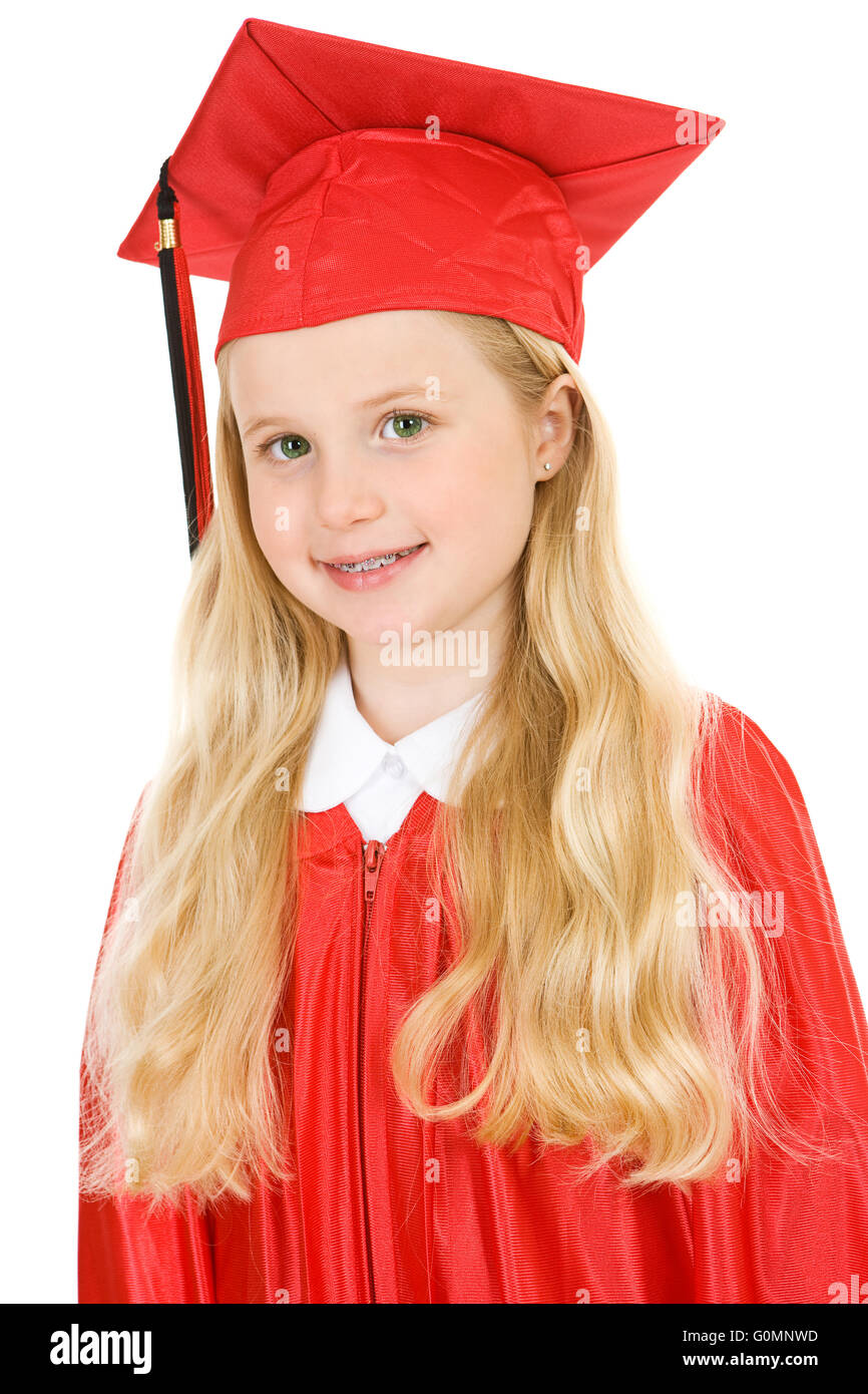Series with an elementary aged Caucasian girl, dressed as a graduate ...