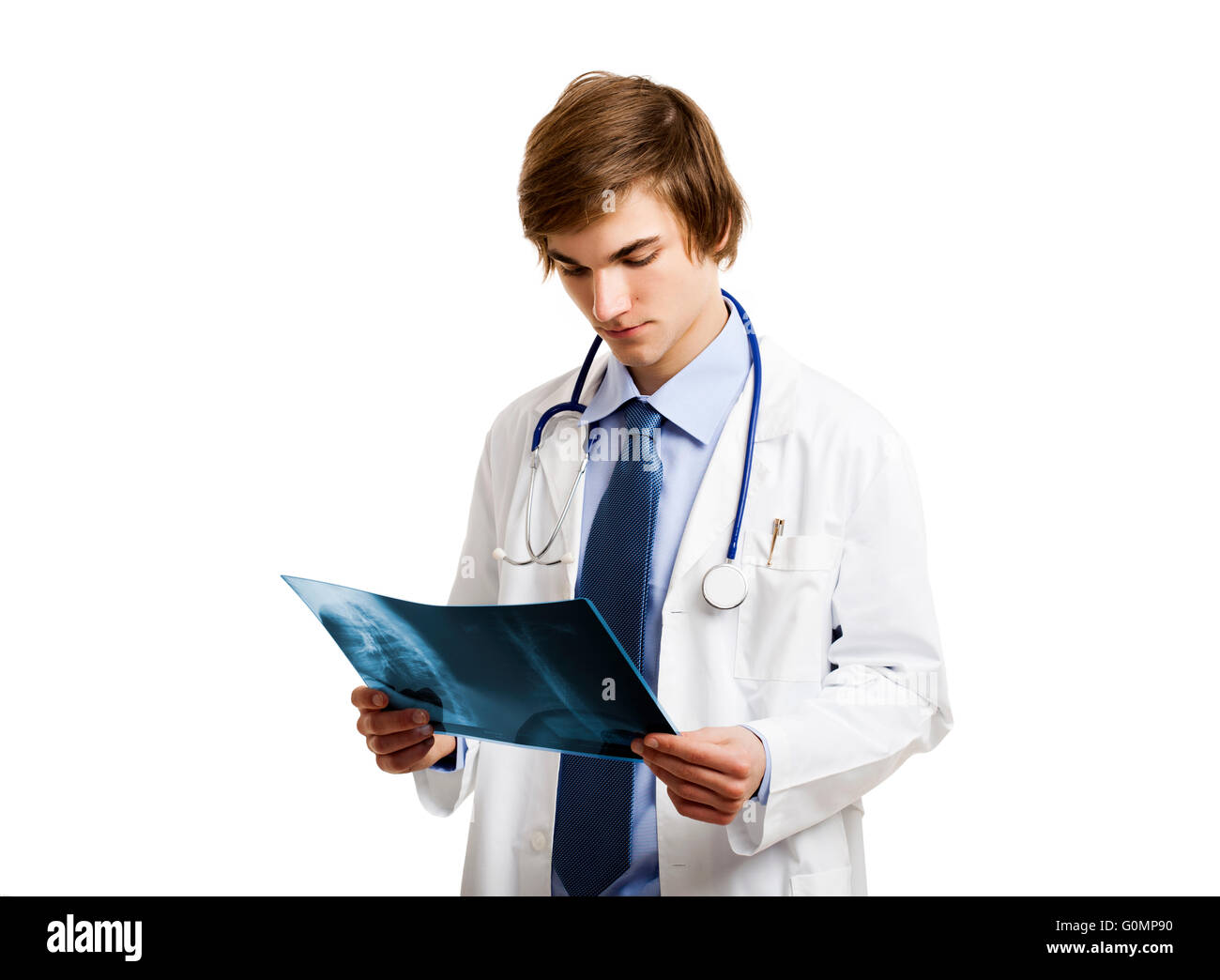 Portrait of a handsome doctor holding a RX, isolated over a white ...