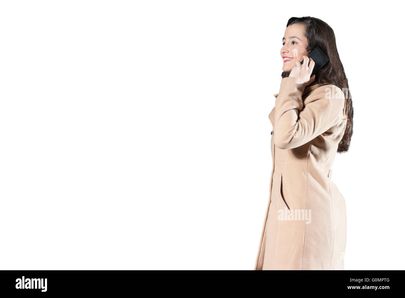 Beautiful woman talking by phone isolated on white background Stock ...