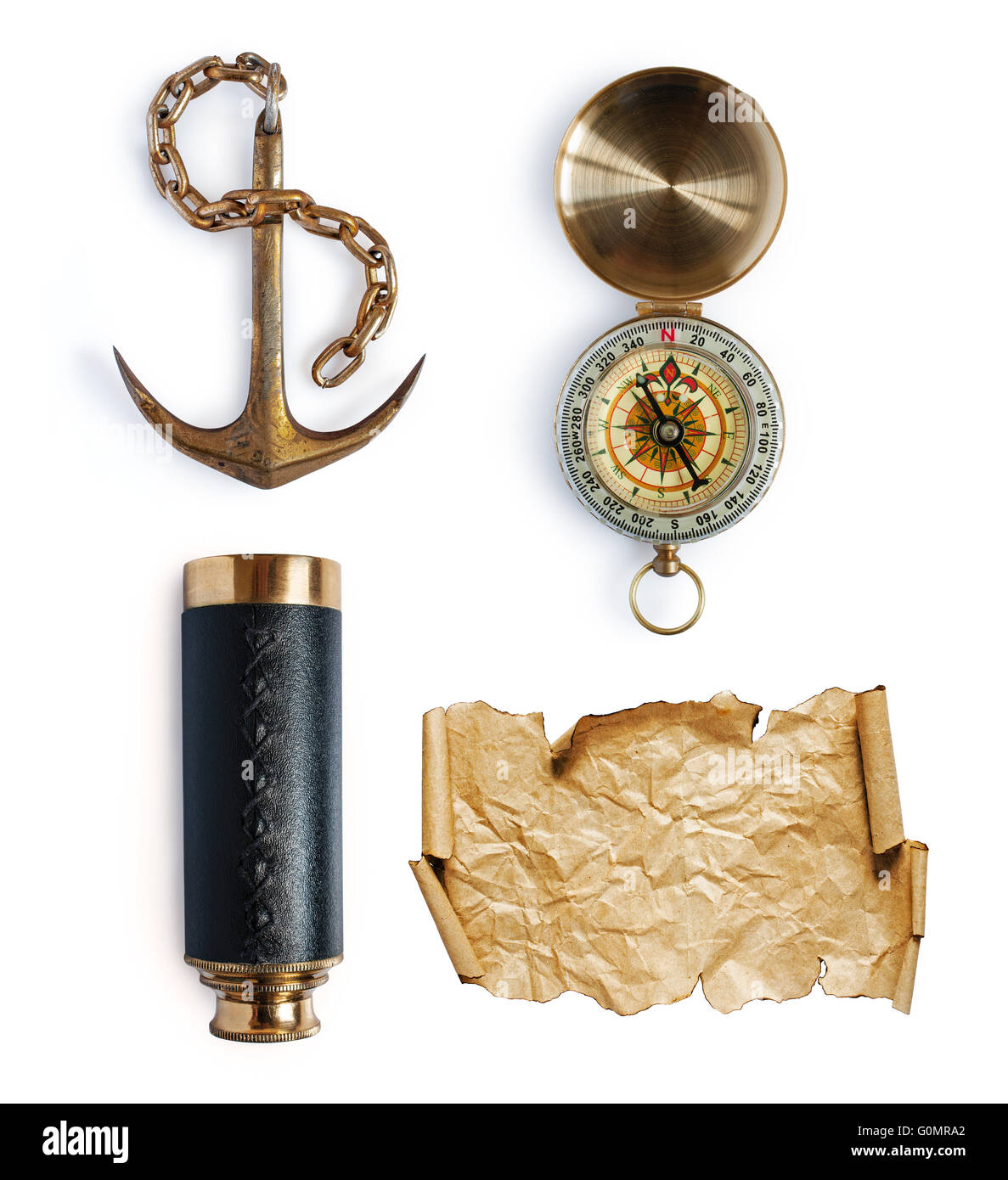 Retro nautical collection: anchor, telescope, compass and map or ...