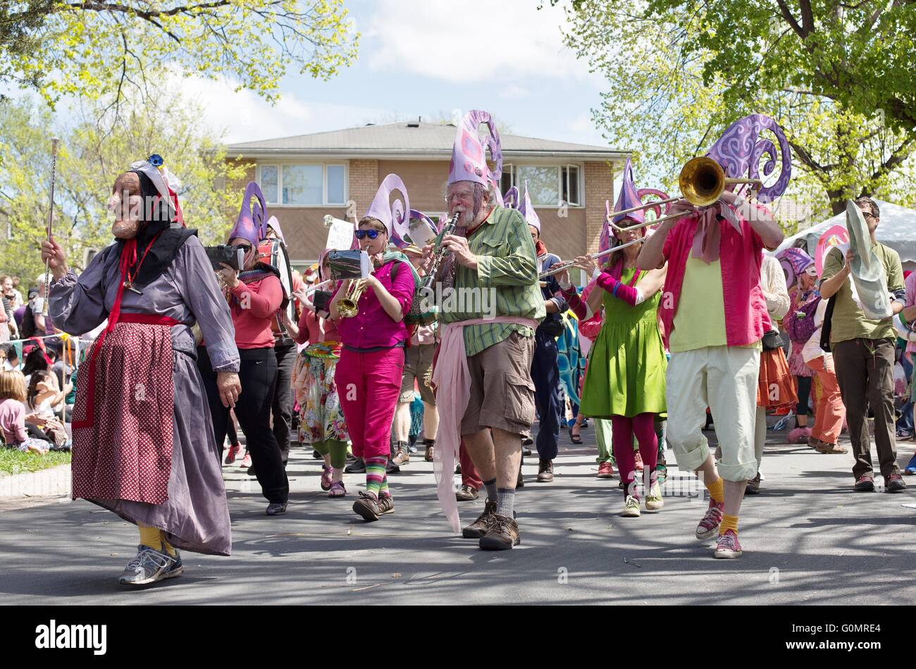 A colorful marching band at the May Day celebration including parade ...