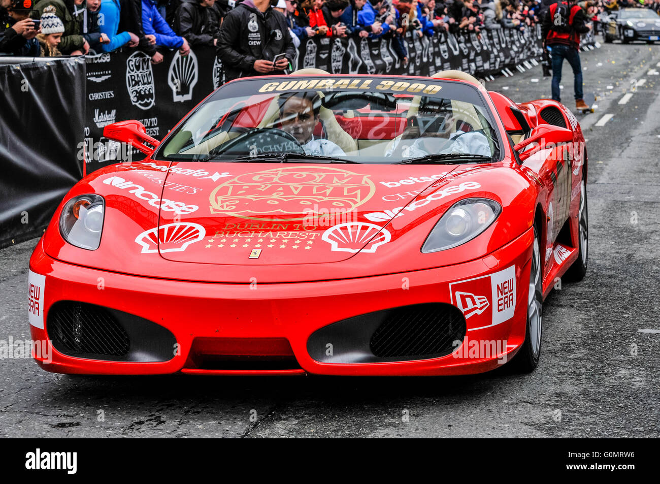 DUBLIN, IRELAND. MAY 01 2016 - A Ferrari F430 starts the 6 day drive to ...