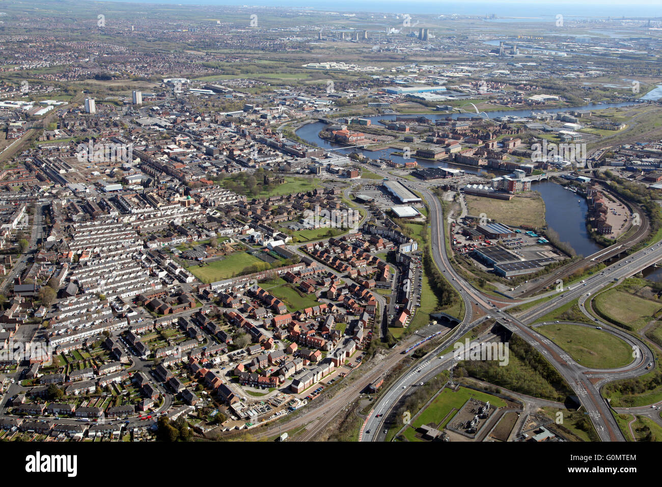 aerial view of Stockton-on-Tees with the A66 & River Tees prominent, UK ...