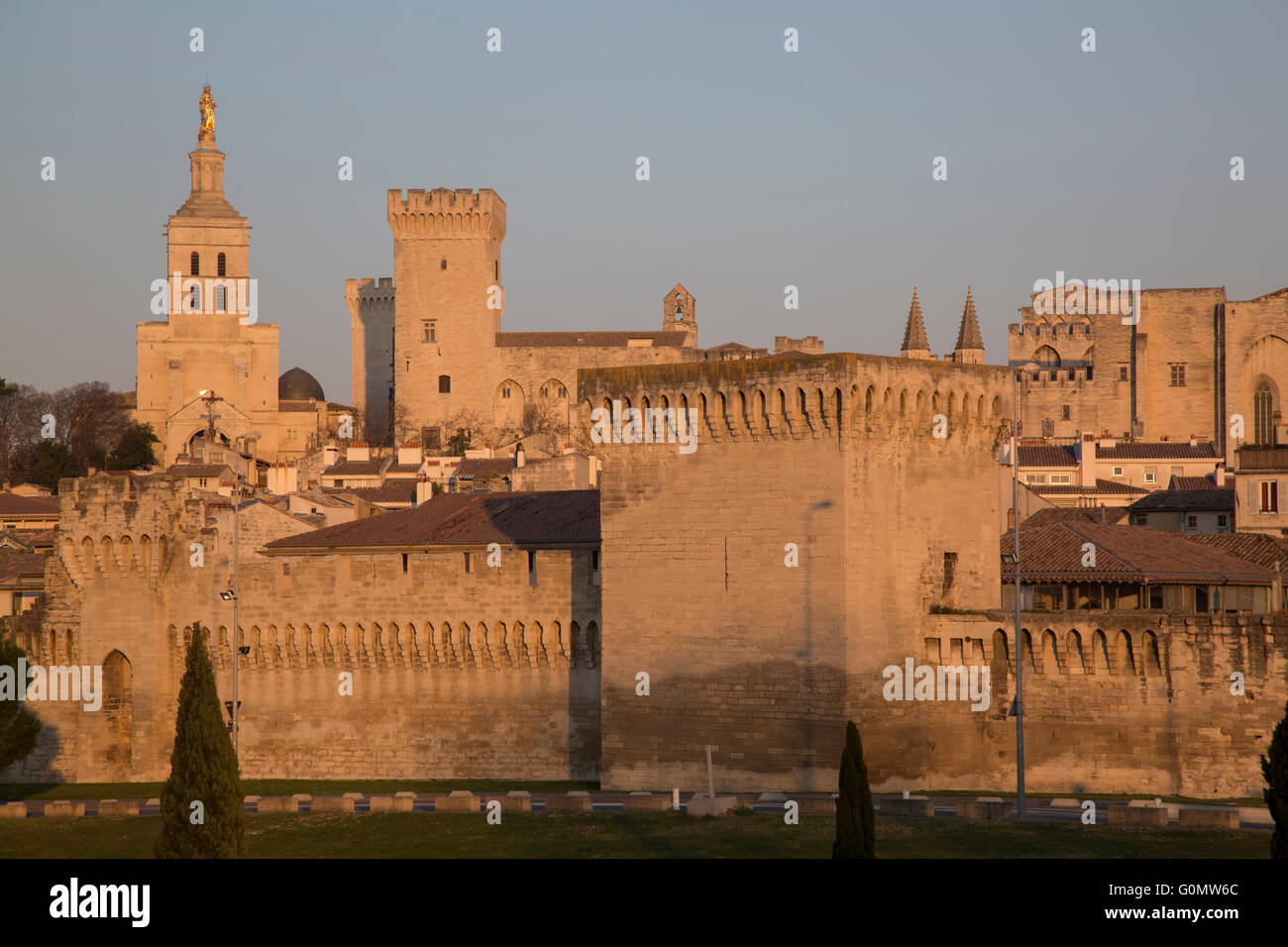 City Walls, Cathedral and Palais des Papes Palace; Avignon, France ...