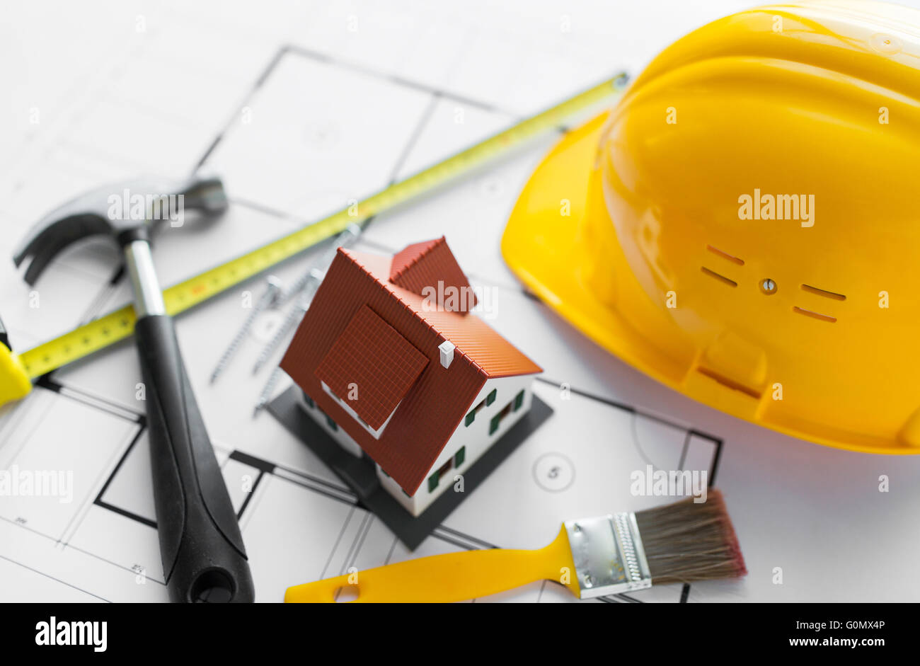 close up of house blueprint with building tools Stock Photo - Alamy