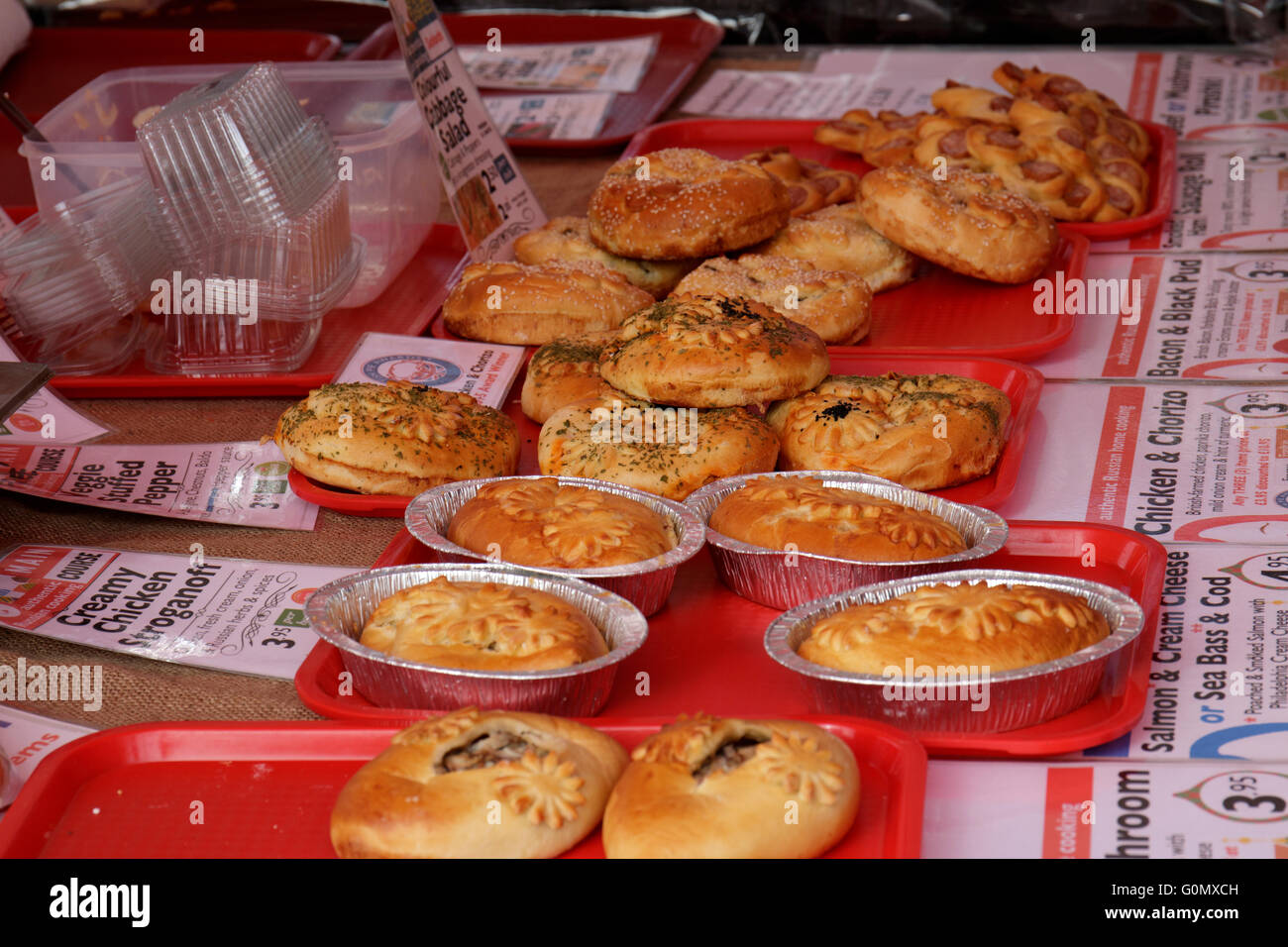 pies and pasty for sale on market stall Bakewell Derbyshire England ...