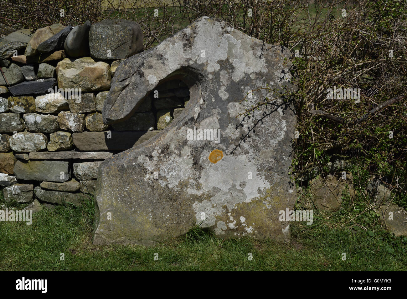 Stone slab leaning against stone wall, Sedbergh, Cumbria, Yorkshire ...