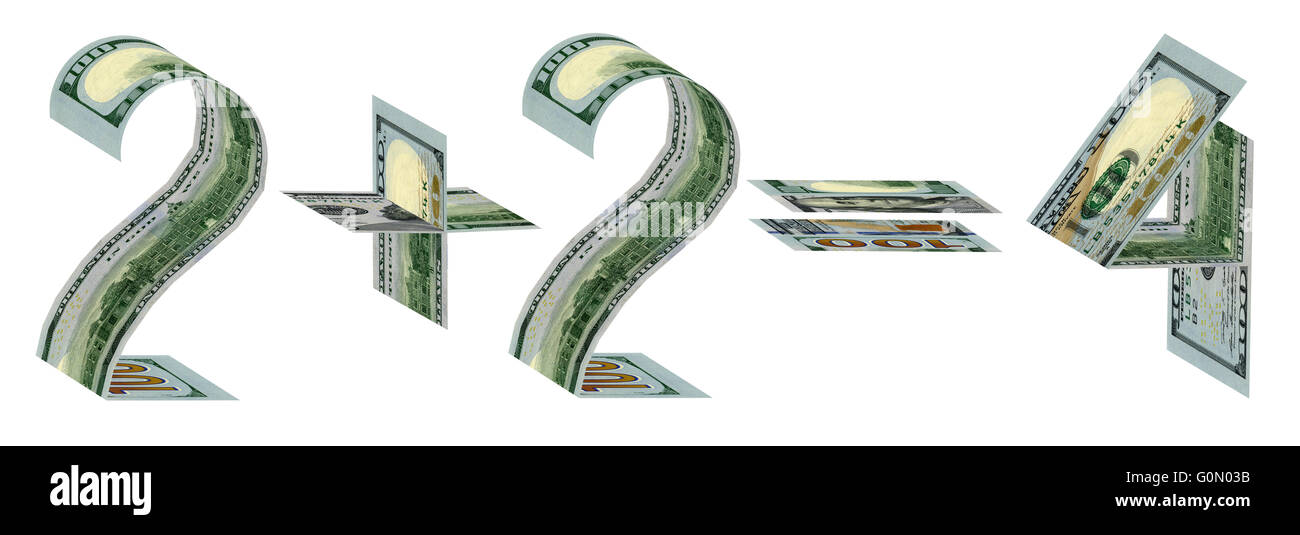 Two plus two equals four made of one hundred dollar banknotes. Isolated ...