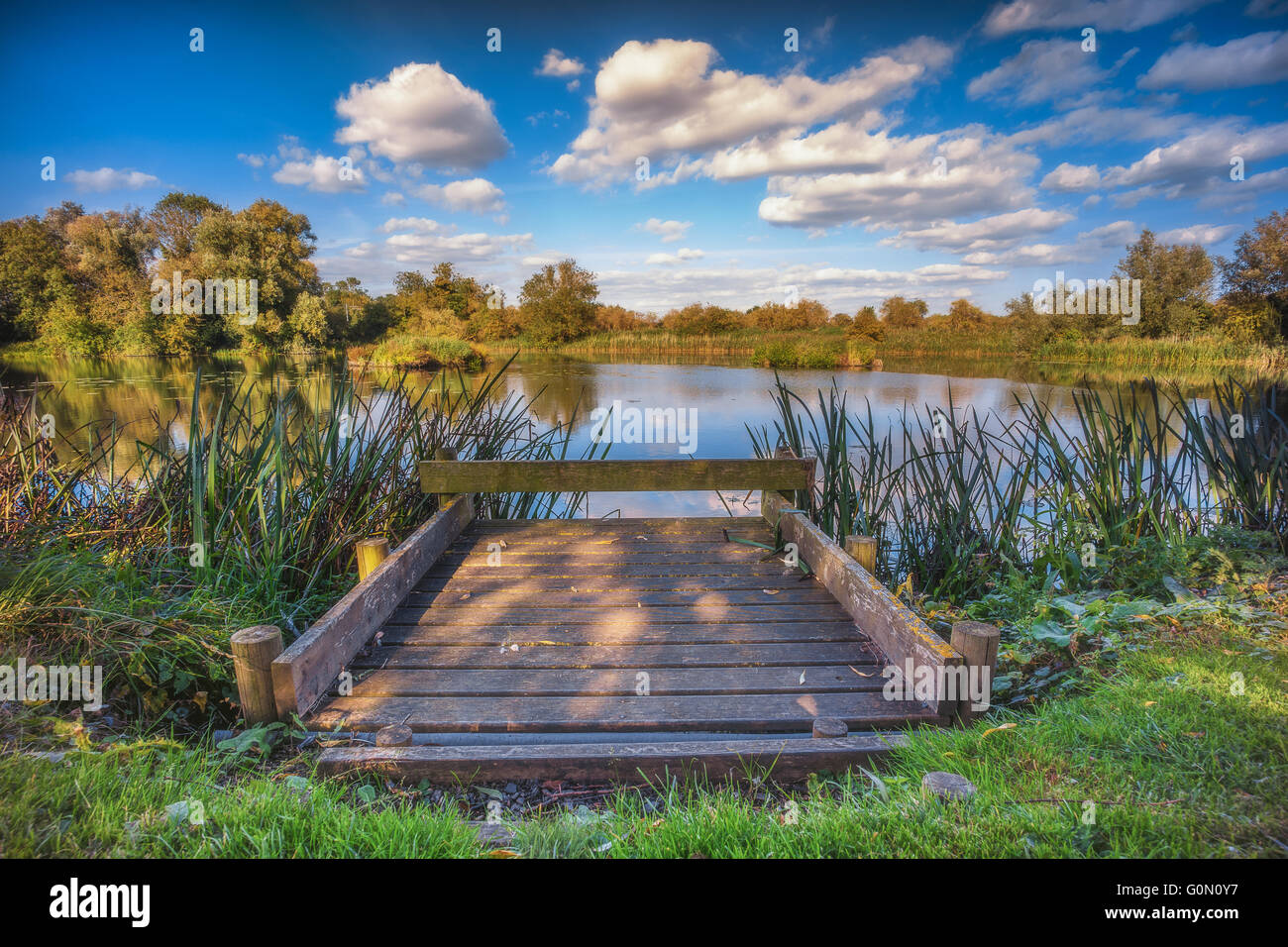Small wooden jetty leading into a small lake on a summery day with blue ...