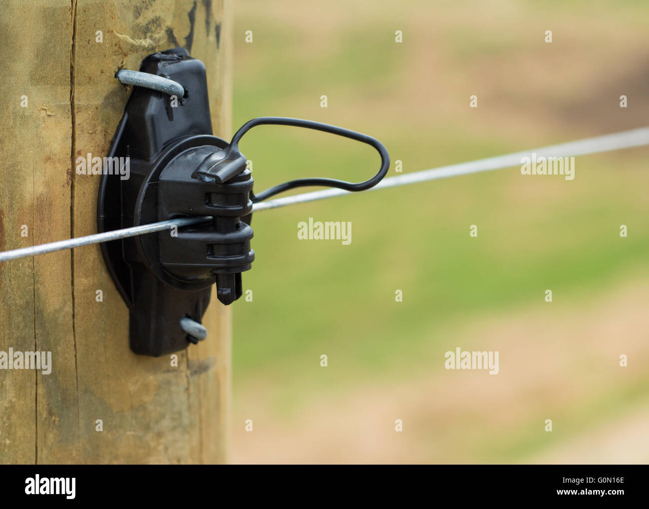 Black electric fence insulator on a fence post Stock Photo - Alamy