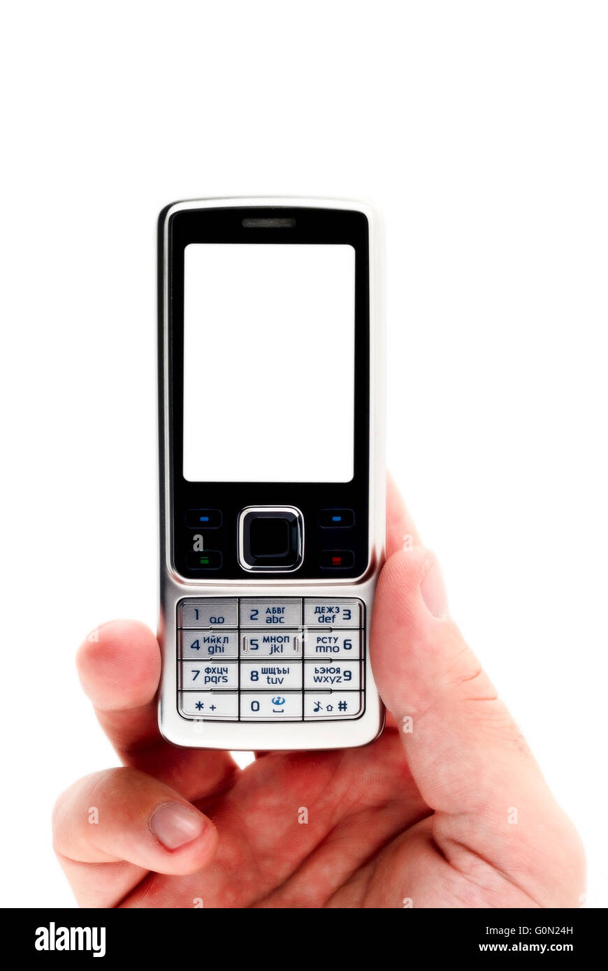 Male hand holding mobile phone. The screen is cut with clipping path ...