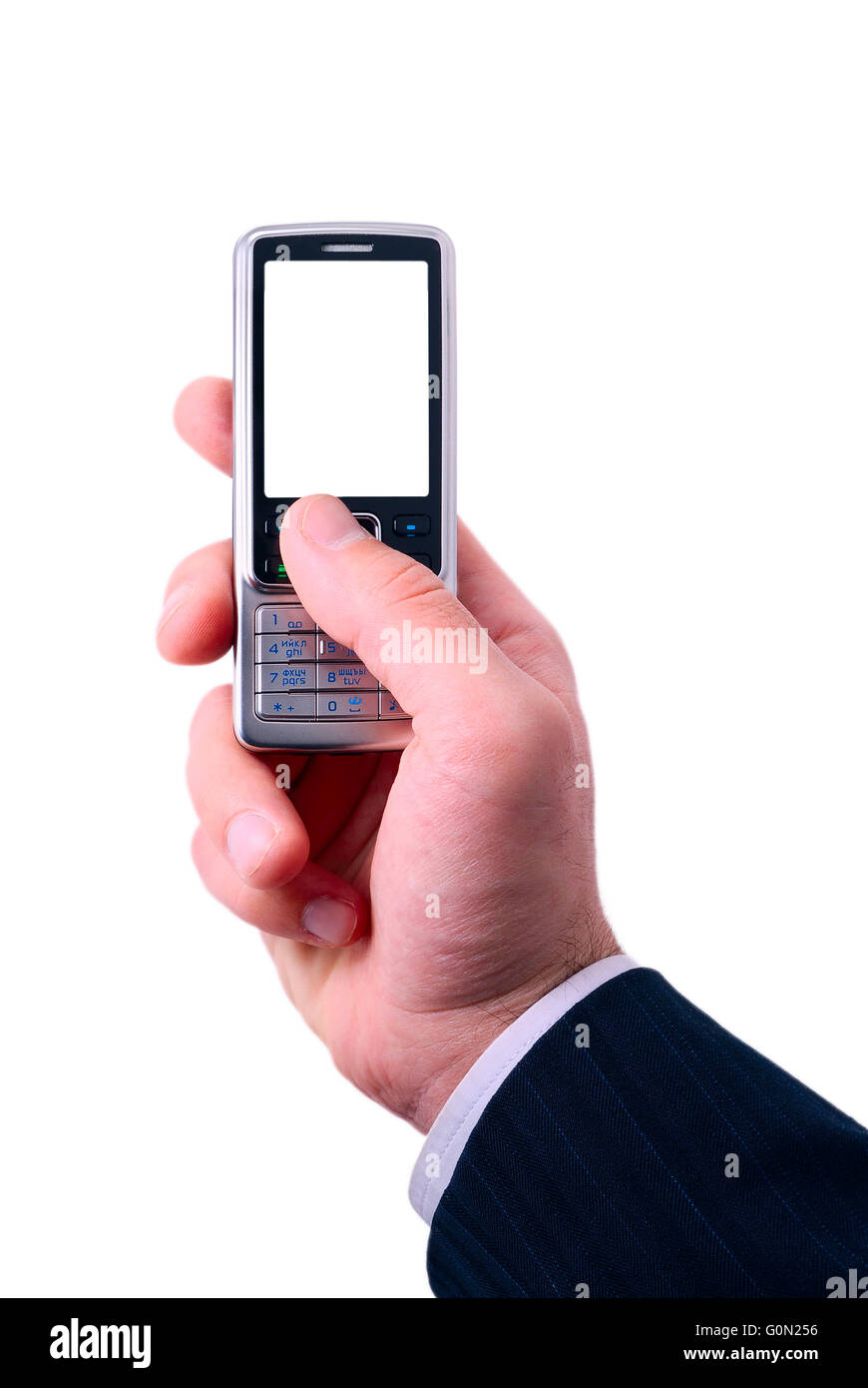 businessmen holds mobile phone. the screen is cut with clipping path ...