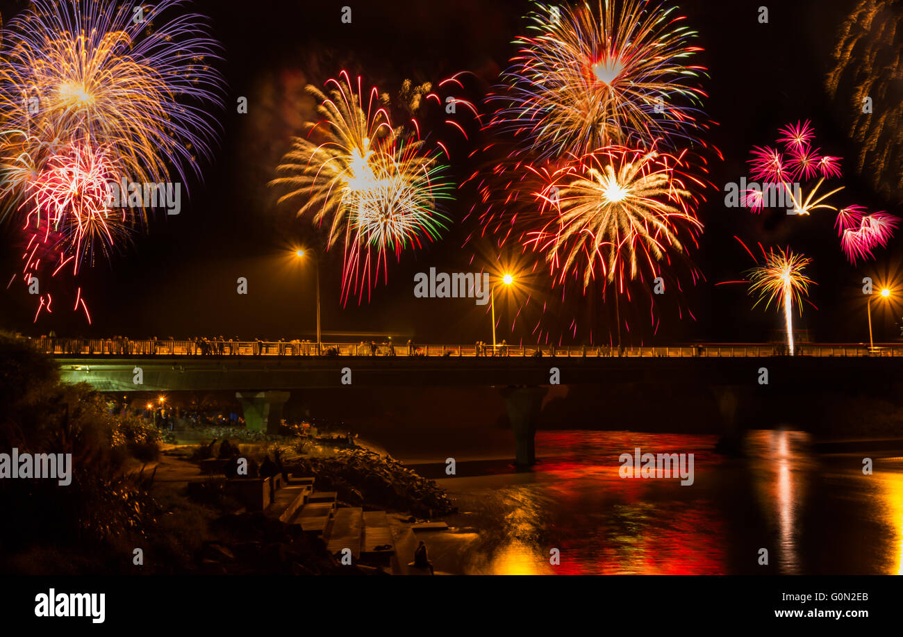 Fireworks display over a road bridge Stock Photo - Alamy
