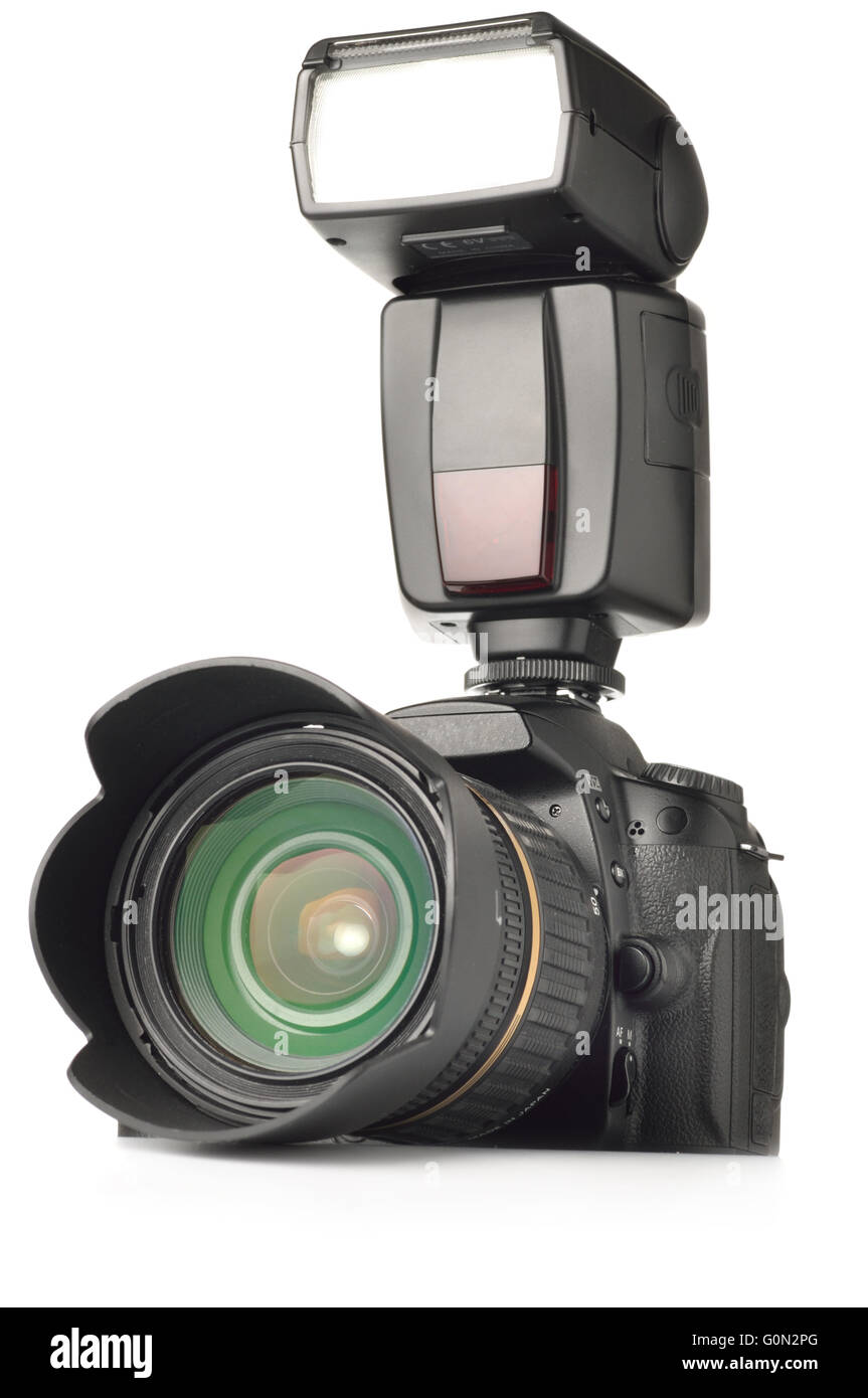 photo camera with an external flash installed Stock Photo - Alamy