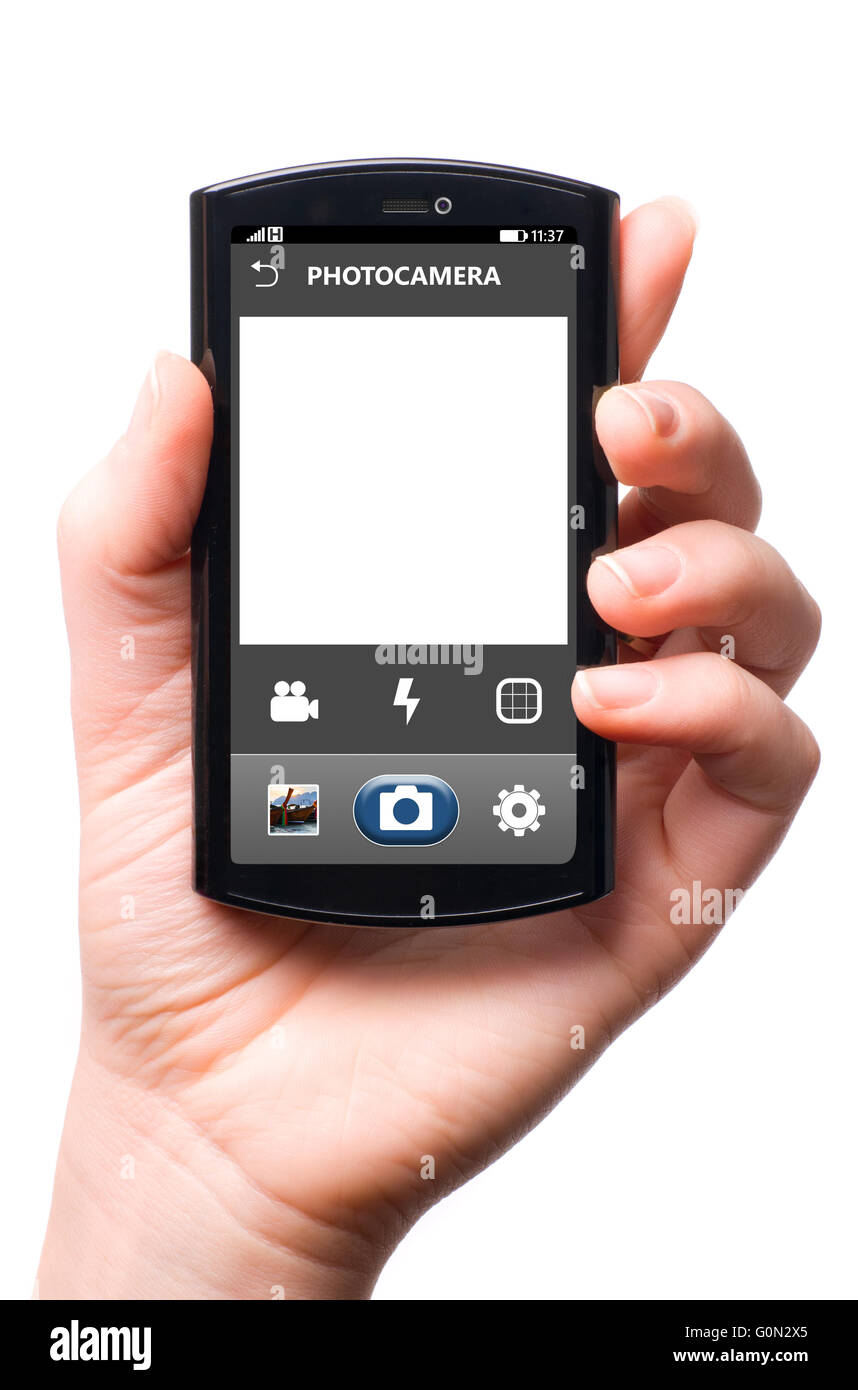 Hand holding phone to camera Cut Out Stock Images & Pictures - Alamy