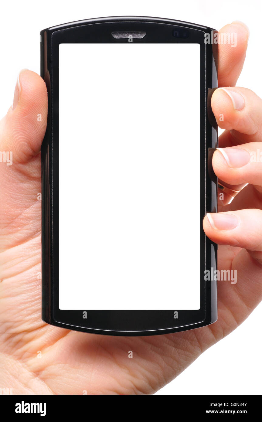 female hand is holding a modern touch screen phone. Screen is cu Stock ...