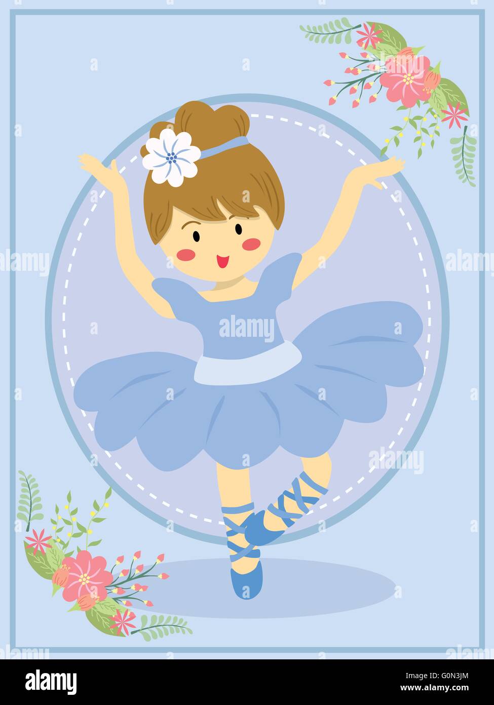 Cute ballerina girl with blue dress tutu dancing ballet in blue theme ...