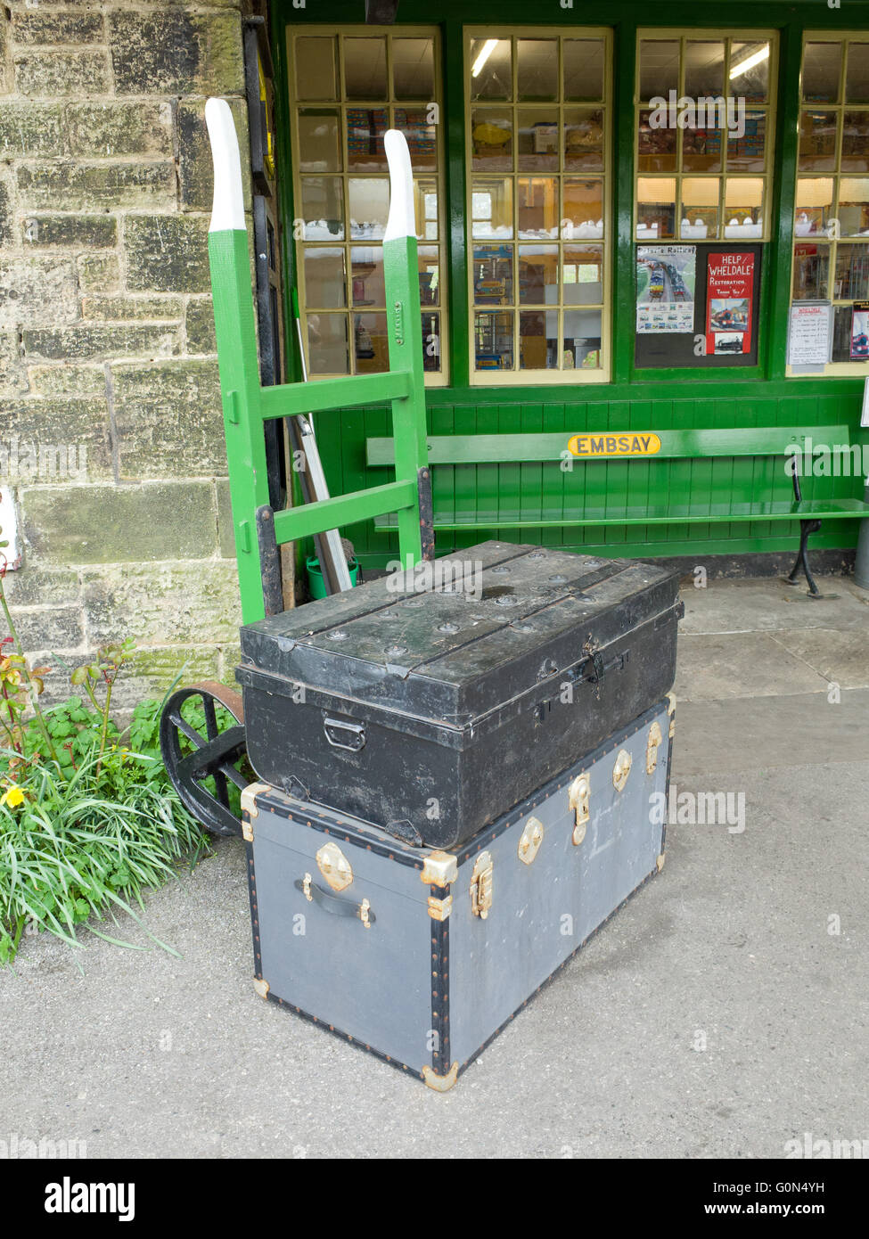 Old fashioned retro luggage at railway platform. Embsay steam railway ...