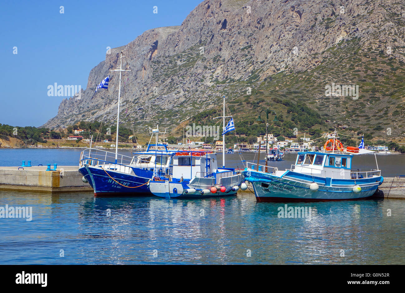 Greek taxi boats in harbour harbor, Myrties, Kalymnos Stock Photo - Alamy
