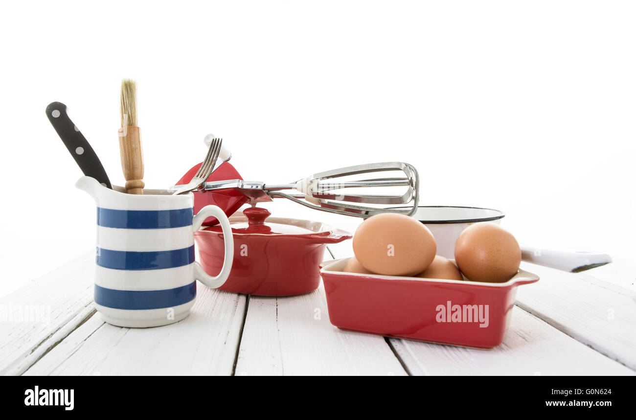 Set of kitchen utensils on a white rustic wooden background Stock Photo ...
