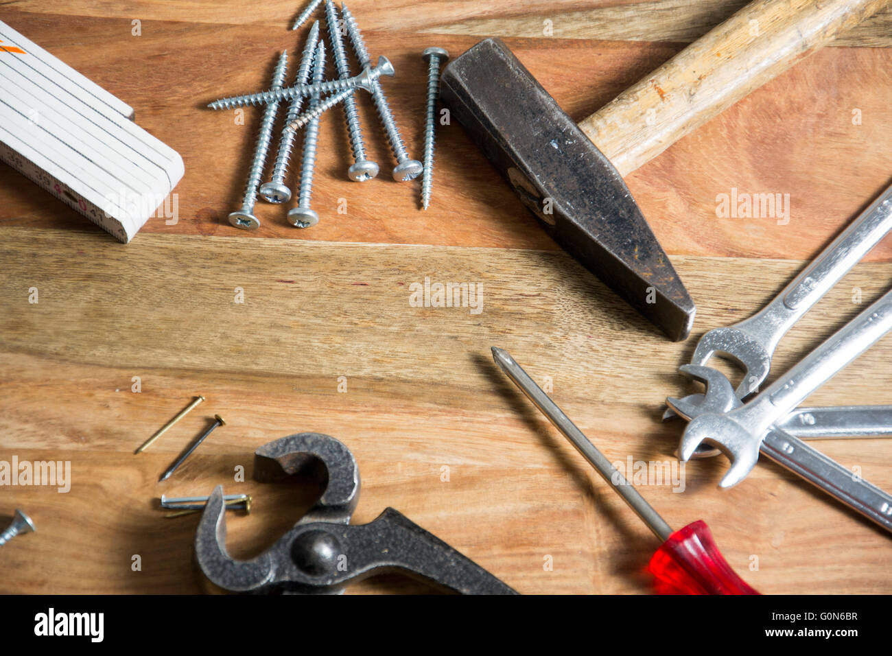 tool on wooden background Stock Photo - Alamy