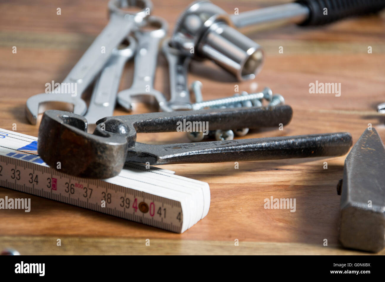 tool on wooden background Stock Photo - Alamy