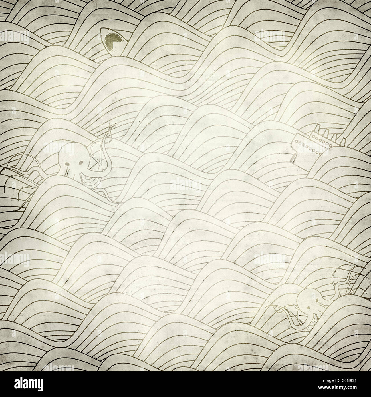 textured old paper background with stormy sea illustration Stock Photo ...