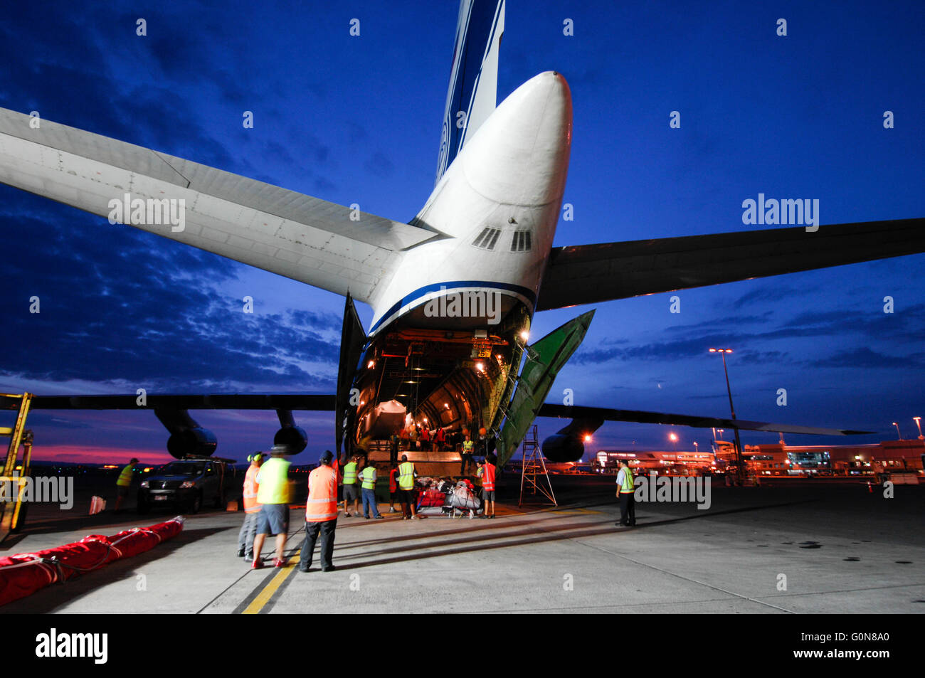 Rear cargo bay doors open for loading. Volga-Dnepr Airlines, Antonov An ...