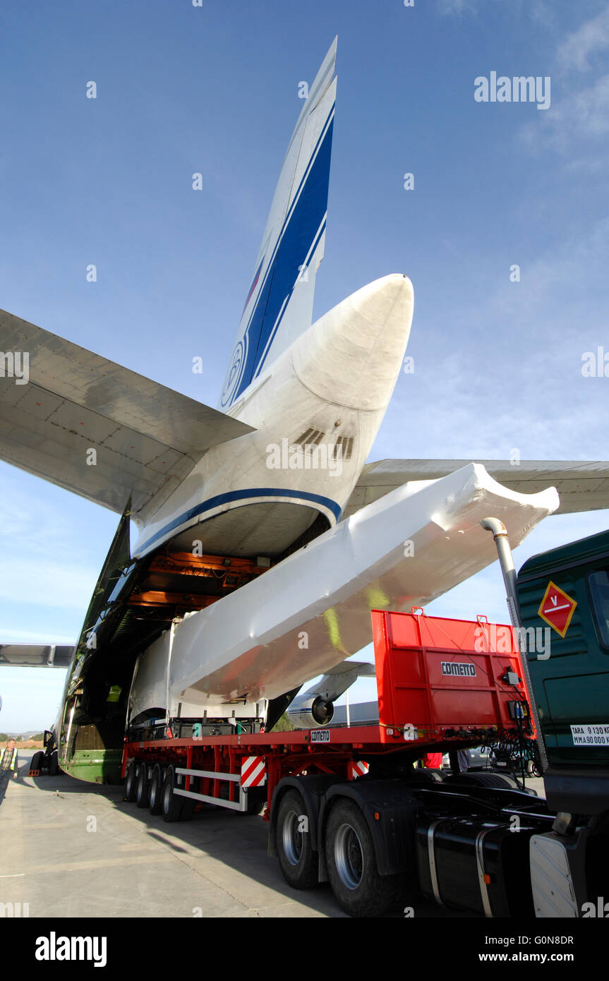 Rear cargo doors open for unloading at Valencia Airport, Spain. Volga ...
