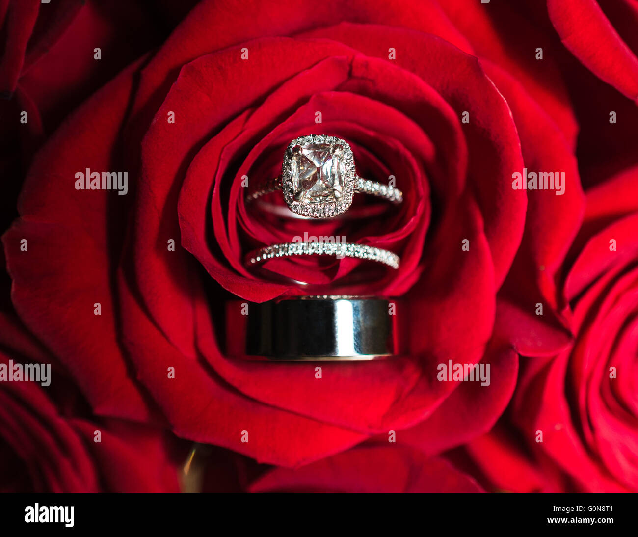 Wedding Detail - Roses and Rings Stock Photo - Alamy
