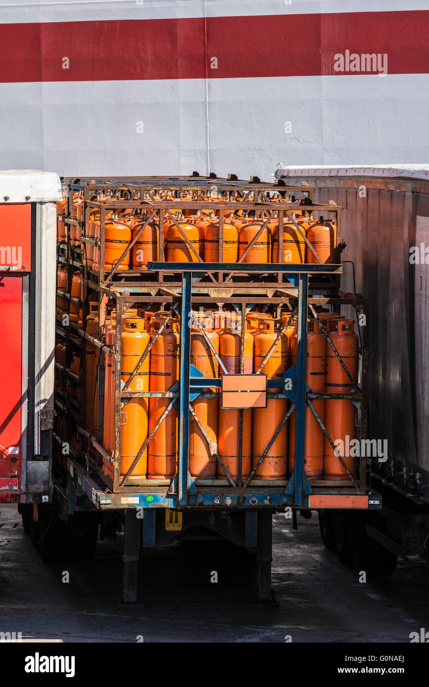 Butane cylinders ready for transport in the port of Barcelona ...