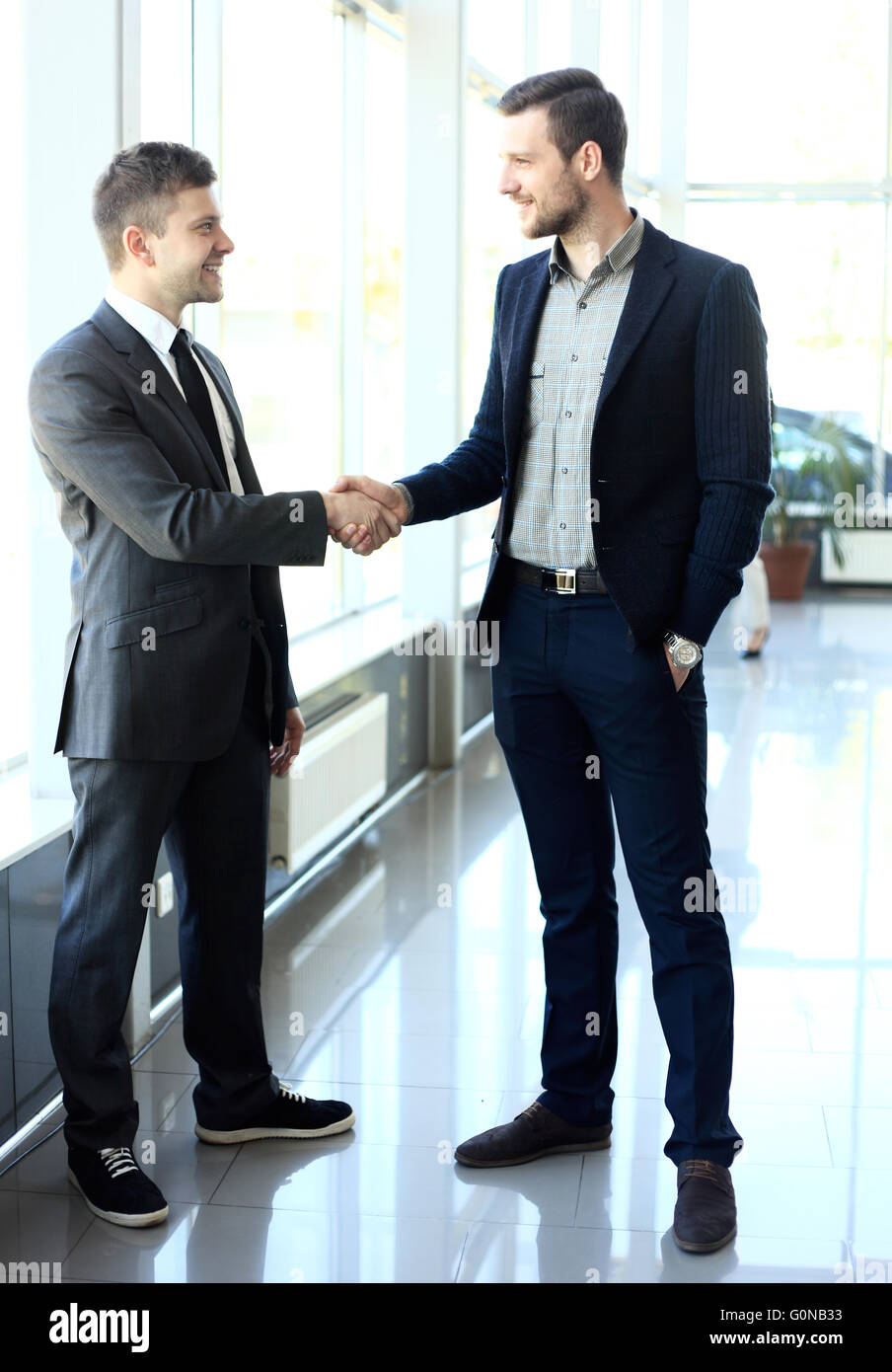 two businessmen shaking hands in office Stock Photo - Alamy