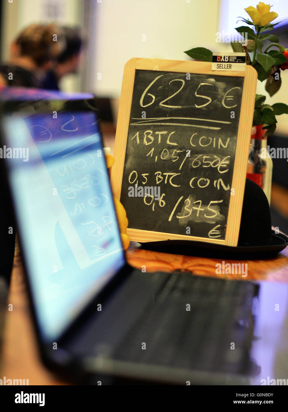 A Bitcoin dealer set up a slate with his current Bitcoin rate at the ...