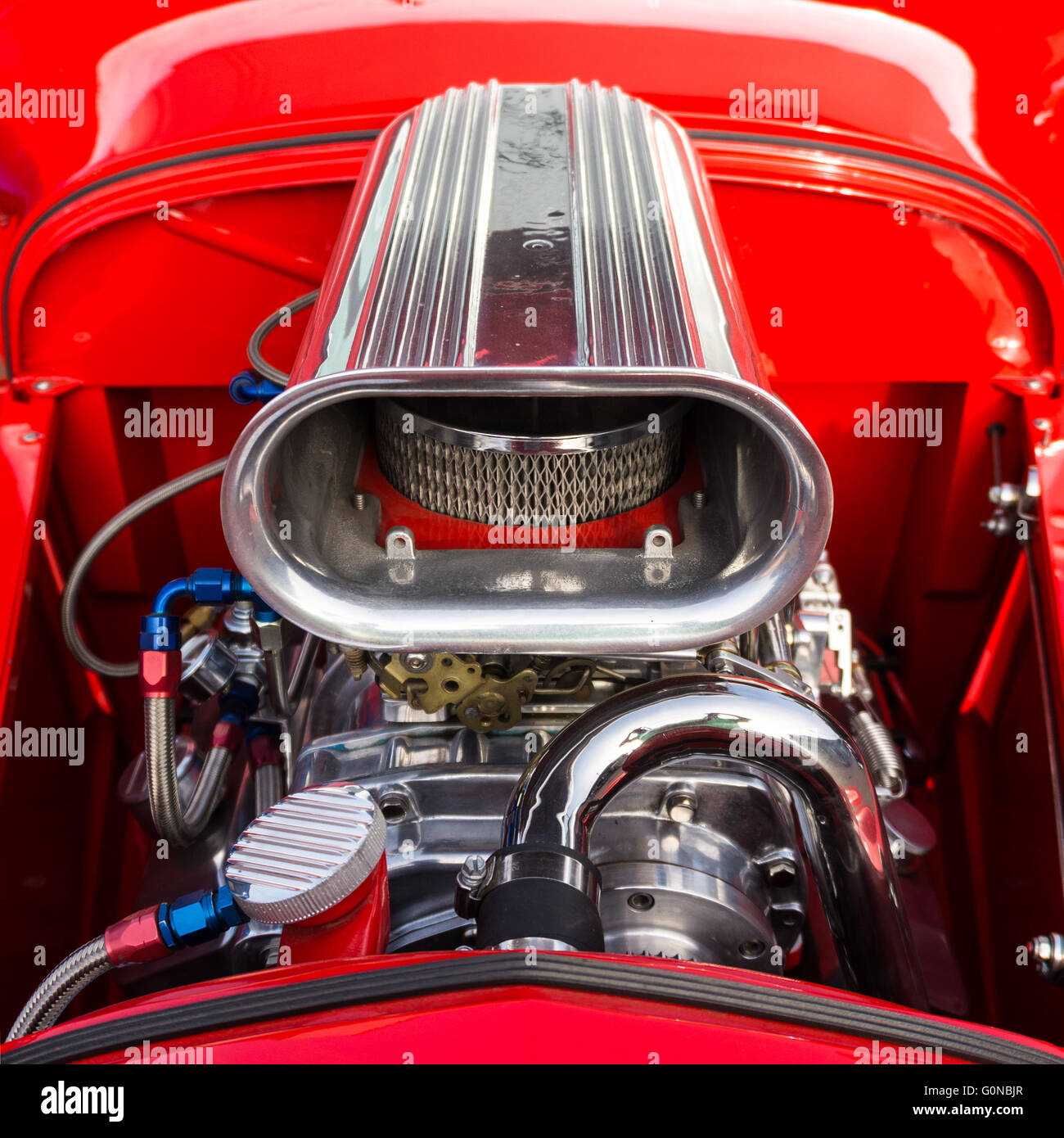 Close up of an air intake on an engine of a vintage car on display at a ...
