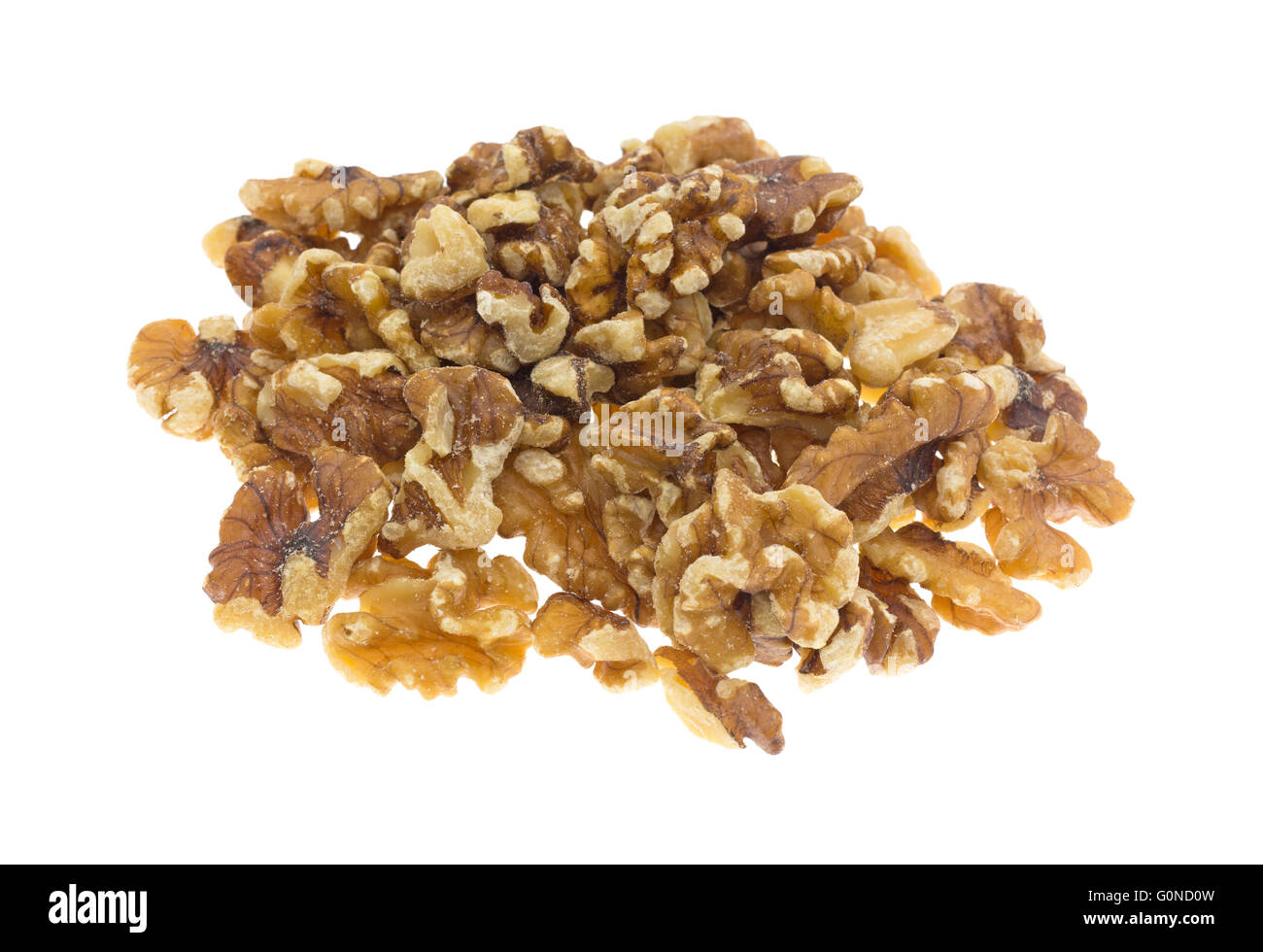 Side view of a small portion of shelled walnuts isolated on a white ...