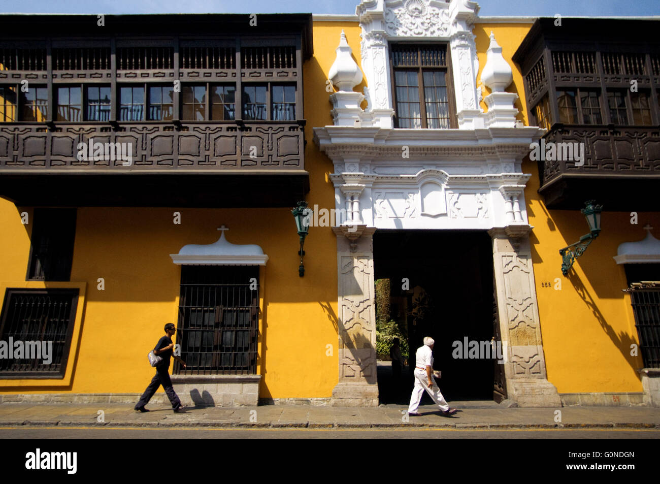 House with traditional balcony at city center, Lima, Peru, South ...