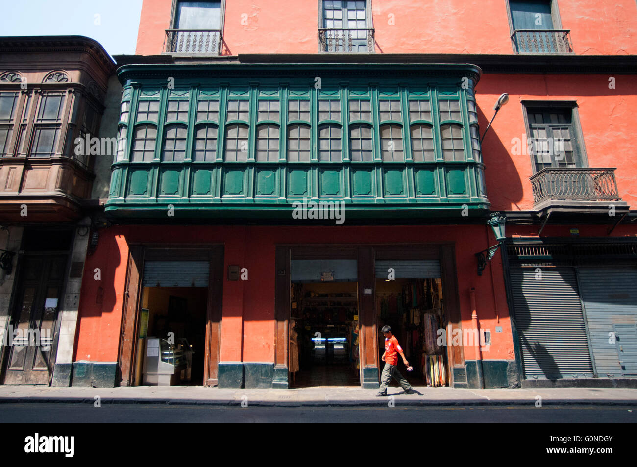 House with traditional balcony at city center, Lima, Peru, South ...