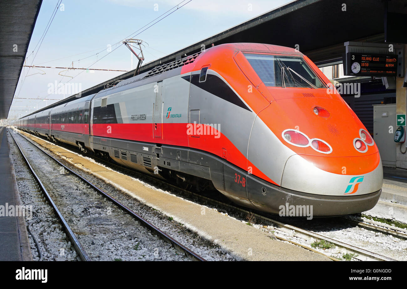 Trenitalia high speed trains (Italo, Frecciarossa and Frecciabianca) at the Venice St. Lucia ...