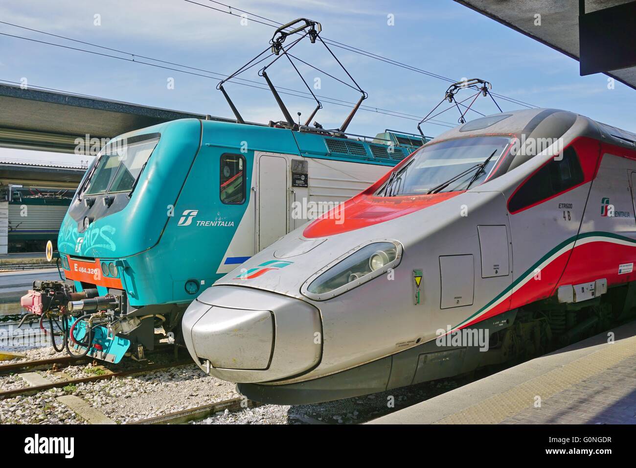 Trenitalia high speed trains (Italo, Frecciarossa and Frecciabianca) at the Venice St. Lucia ...