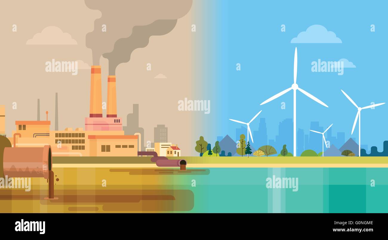 Clean And Polluted Dirty City Environmental Green Energy Concept Wind ...