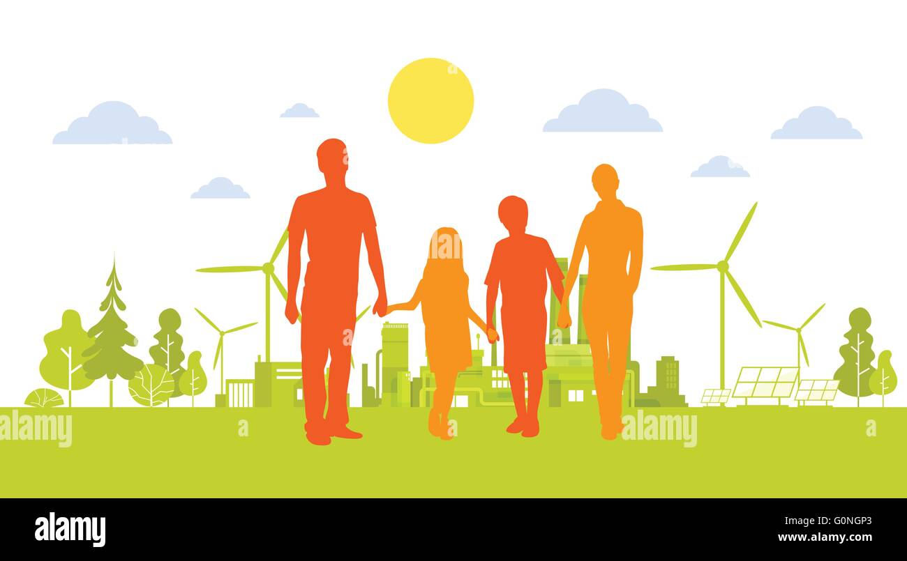 Silhouette Family Holding Hands Green City With Wind Turbine Clean ...