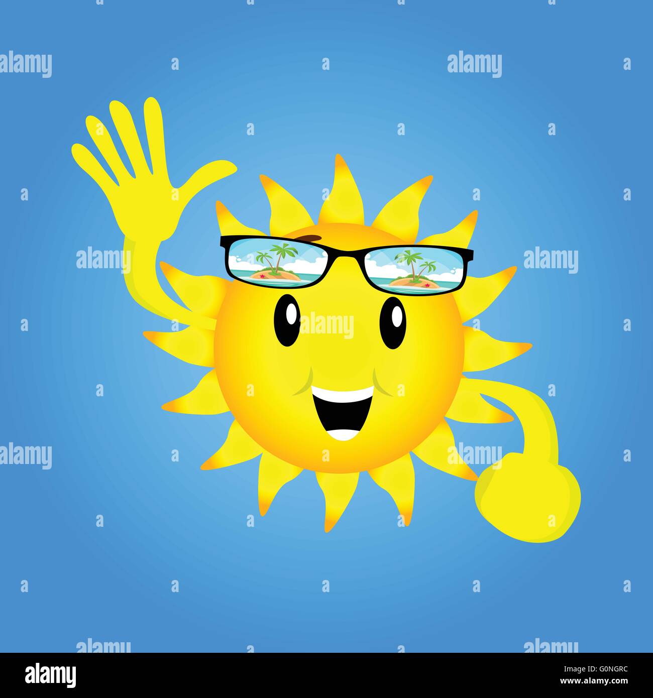 Sun Cartoon Character Open Mouth Surprised Wear Glasses With Tropical ...