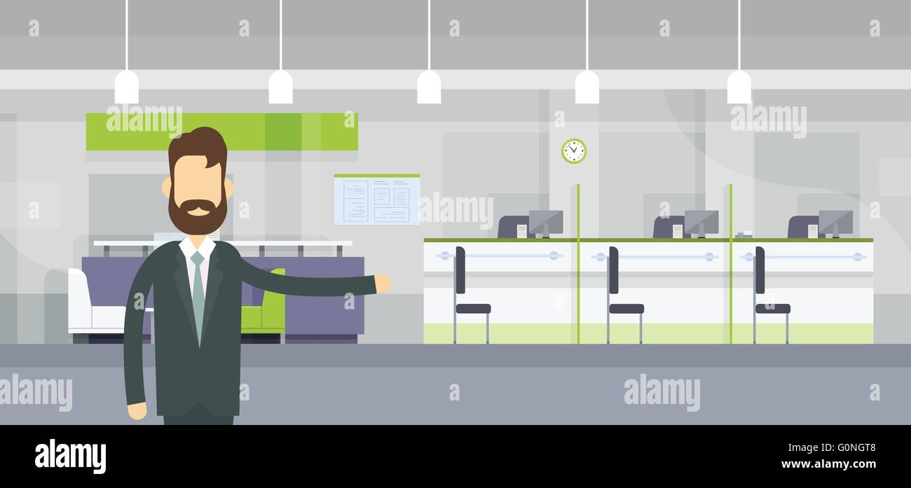 Banker Worker Welcome Gesture Modern Bank Office Workplace Stock Vector ...