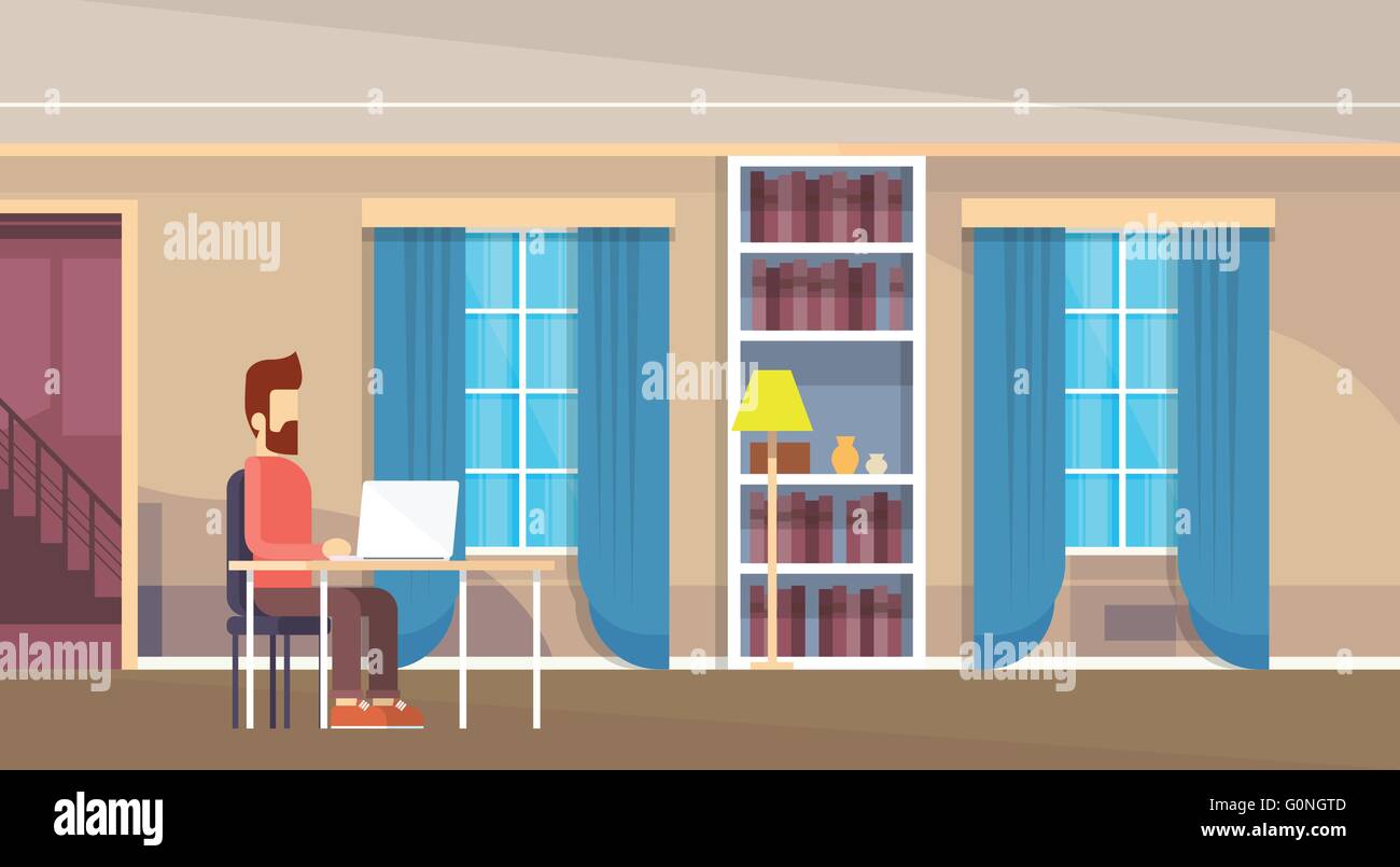 Casual Business Man Sitting Desk Working Laptop Computer Home Interior Stock Vector Image And Art