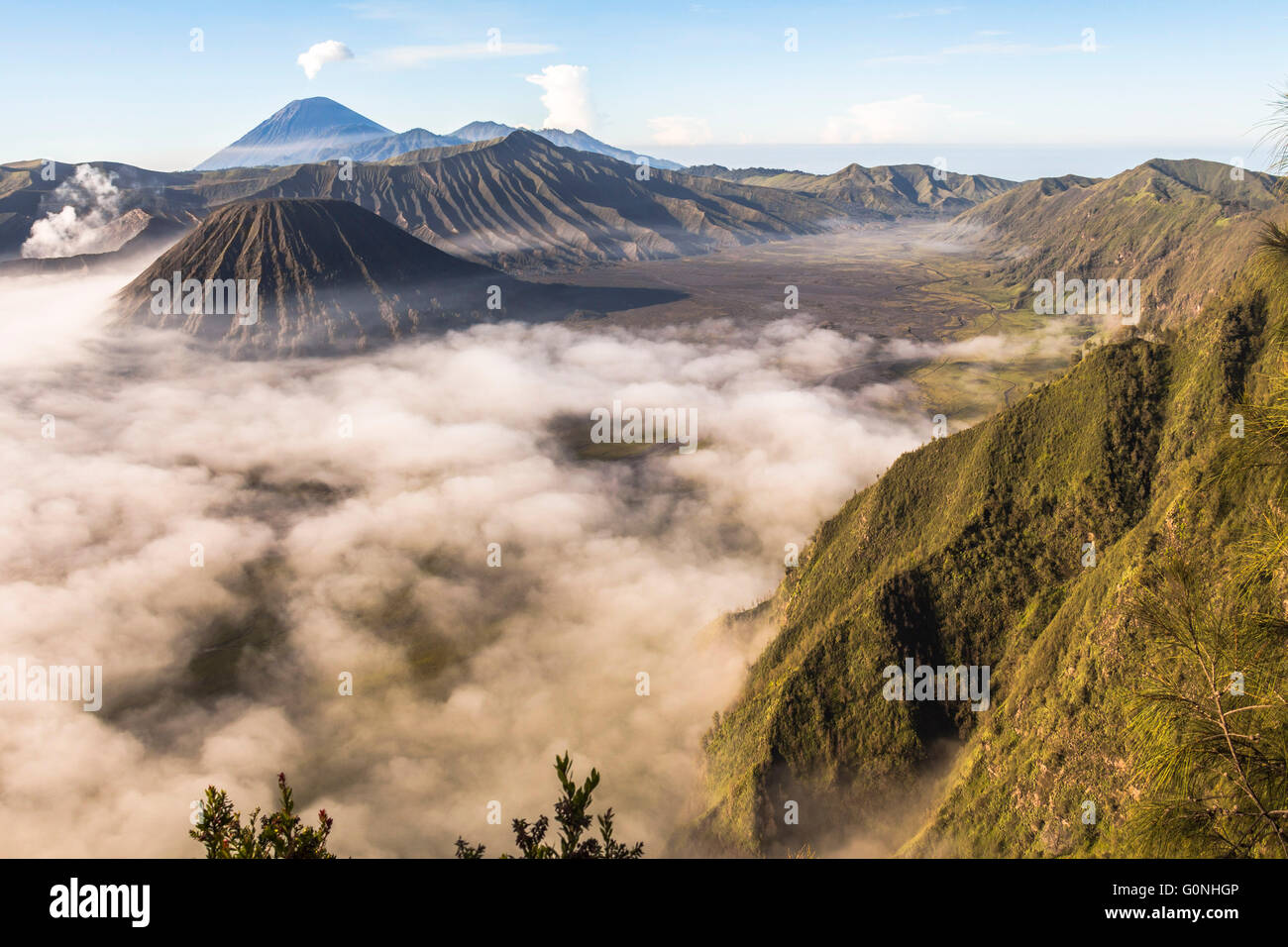 View over Mount Bromo landscape with clouds Stock Photo - Alamy