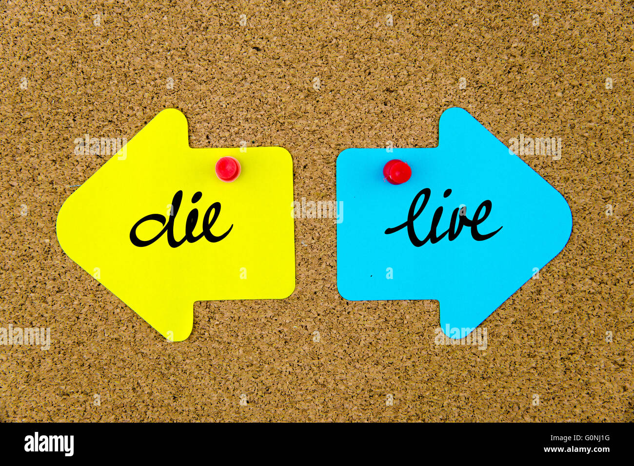 Conceptual message on yellow and blue paper notes as opposite arrows ...