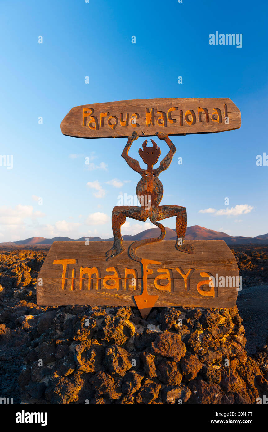 Spain, Canary islands, Lanzarote, National park of Timanfaya, devil sign at entrance Stock Photo ...